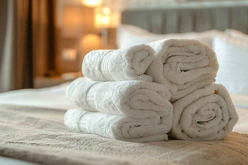 Stack of Rolled Towels on a Bed in a Hotel Room Stock Photo - Image of ...