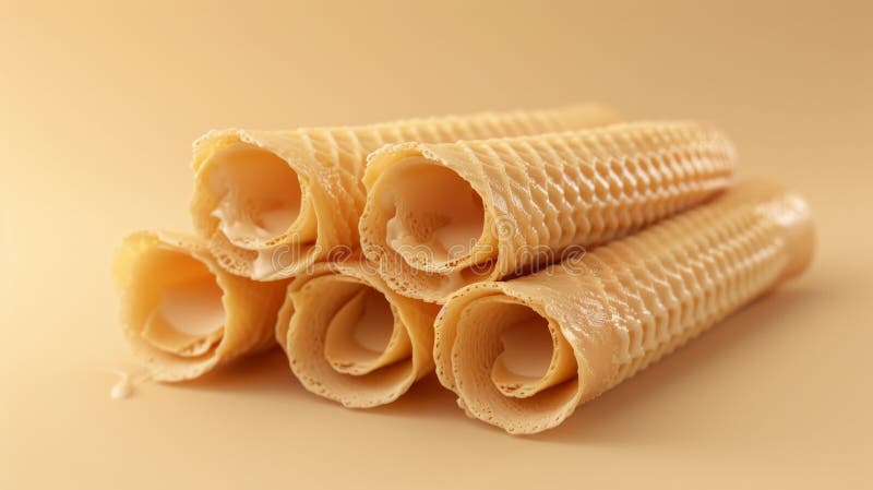 Stack of Rolled Vanilla Wafer Cones on Beige Background, Macro Shot ...