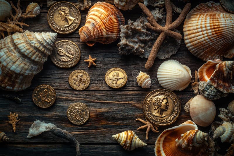 A Stack of Roman Coins and Shells on a Classic Dark Wooden Table ...