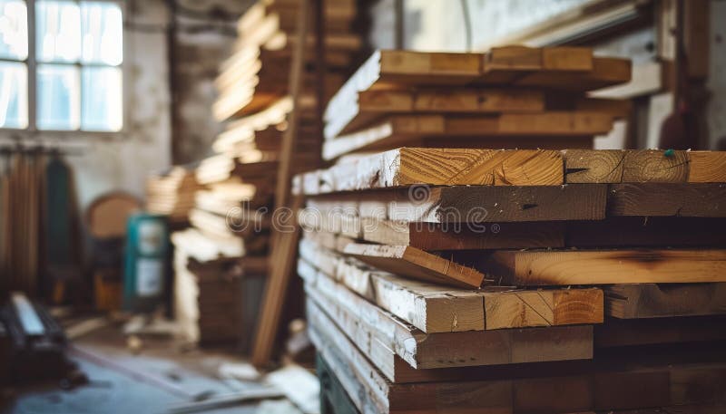 Stack of Rough Wood Planks in a Carpentry Workshop Stock Illustration ...