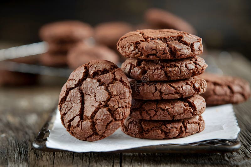 Crinkled Chocolate Cookies Stacked on Rustic Wood, with Blurred ...
