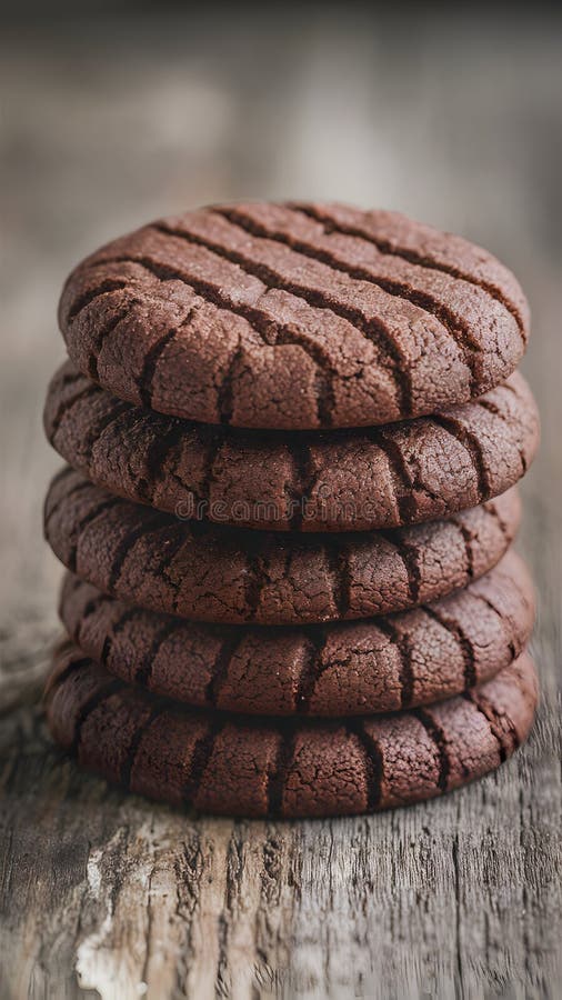 Crinkled Chocolate Cookies Stacked on Rustic Wood, with Blurred ...