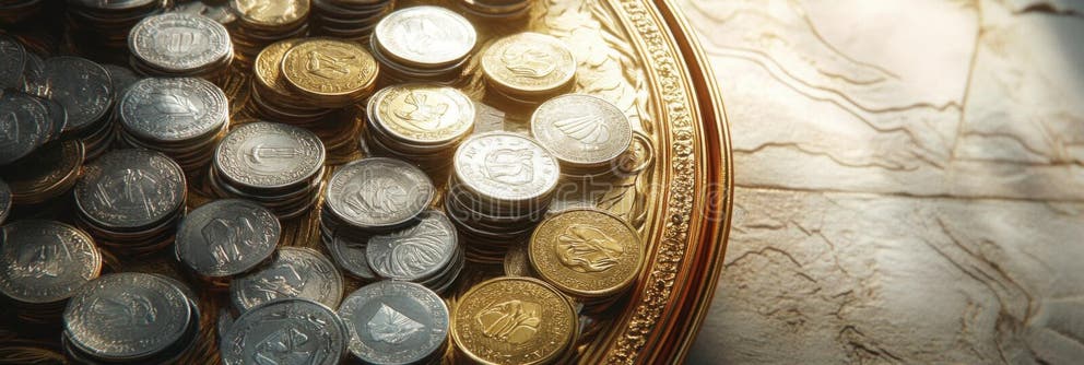 Stack of Round Coins on a Golden Tray, Coin Collection Theme Stock ...