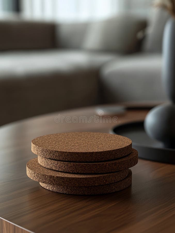 Stack of Round Cork Coasters on a Wooden Coffee Table. Stock Photo ...