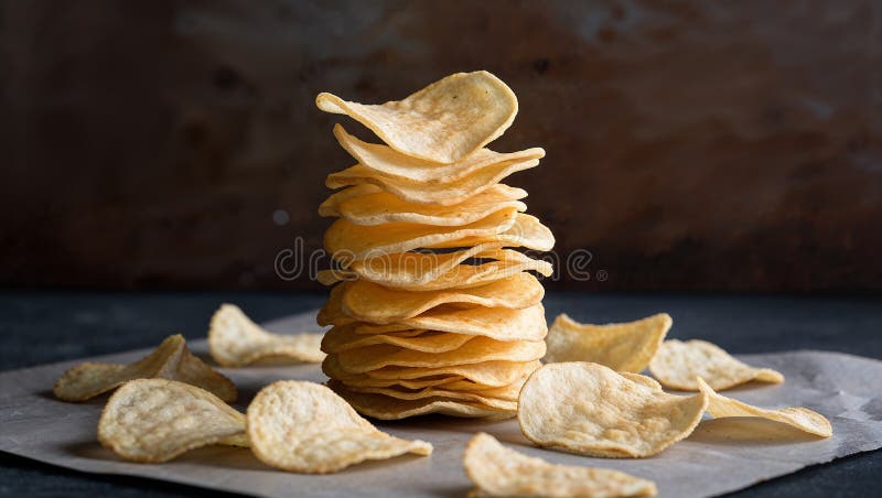 Stack of Round Potato Chips on Parchment Paper with Scattered Chips ...