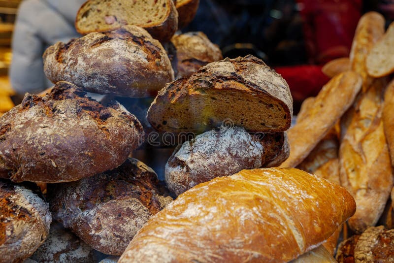 Stack of Round Rye and Wheat of Rustic and Crusty Breads Stock Photo ...