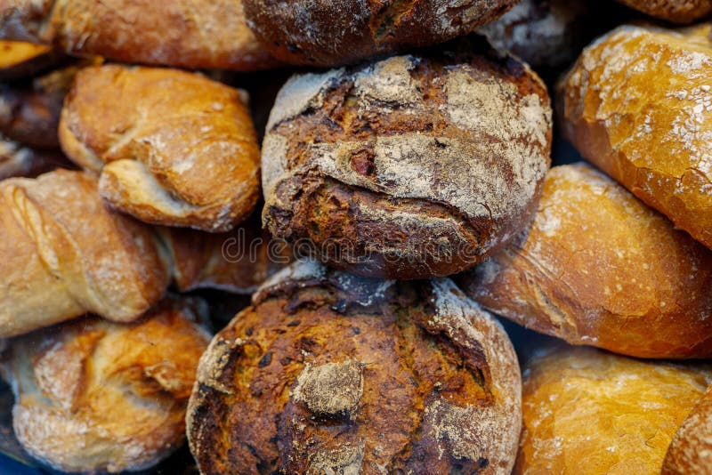 Stack of Round Rye and Wheat of Rustic and Crusty Breads Stock Image ...