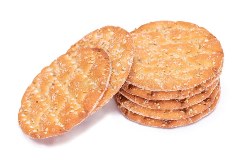 A Stack of Round Salt Crackers with Sesame Isolated on White Background ...