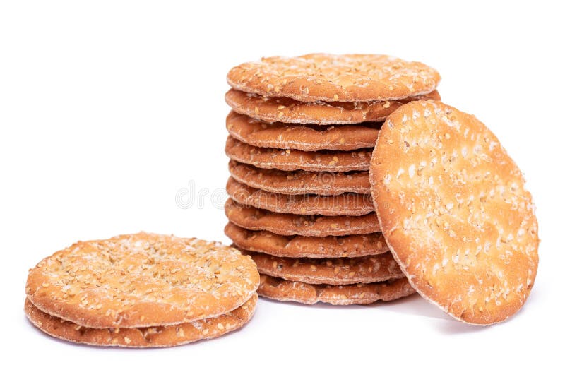 A Stack of Round Salt Crackers with Sesame Isolated on White Background ...