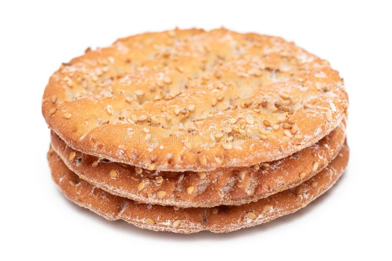 A Stack of Round Salt Crackers with Sesame Isolated on White Background ...