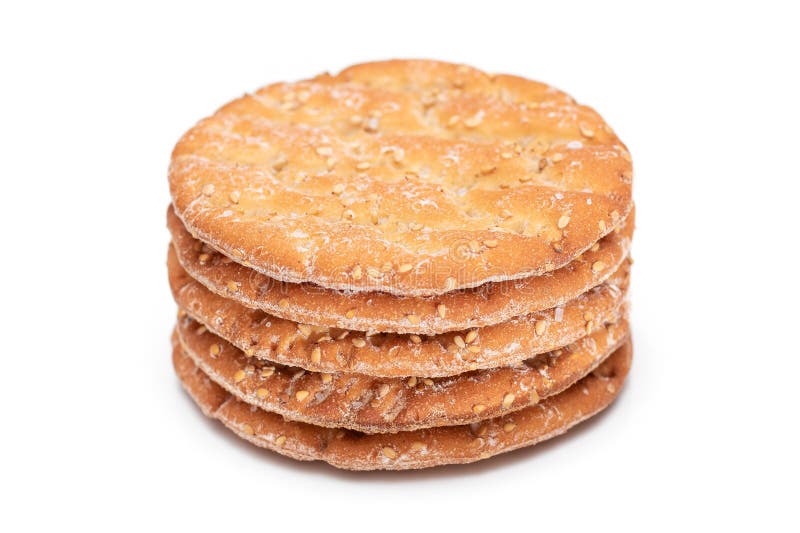 A Stack of Round Salt Crackers with Sesame Isolated on White Background ...