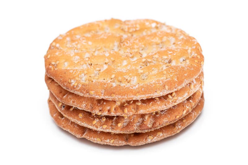 A Stack of Round Salt Crackers with Sesame Isolated on White Background ...