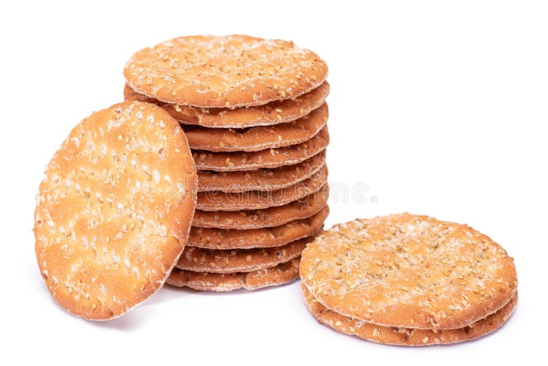 A Stack of Round Salt Crackers with Sesame Isolated on White Background ...