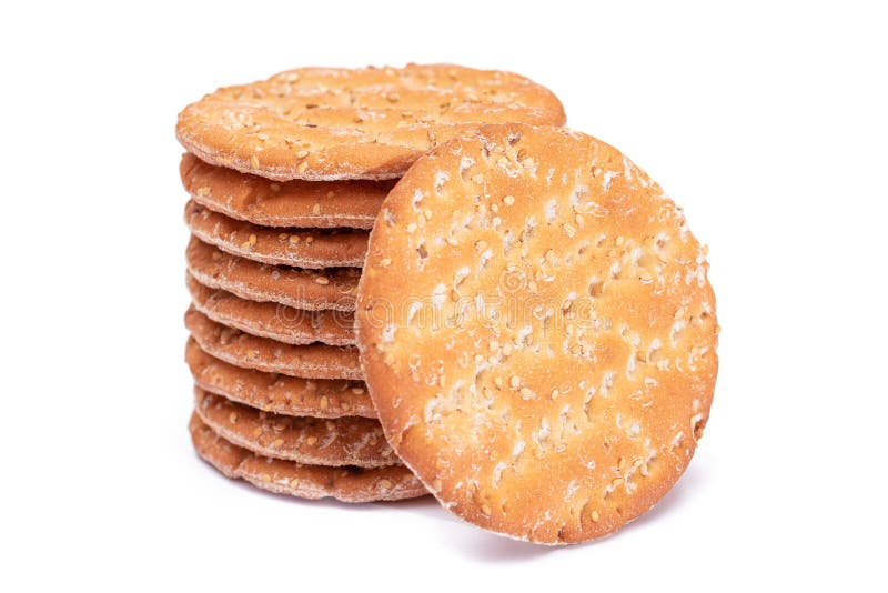 A Stack of Round Salt Crackers with Sesame Isolated on White Background ...