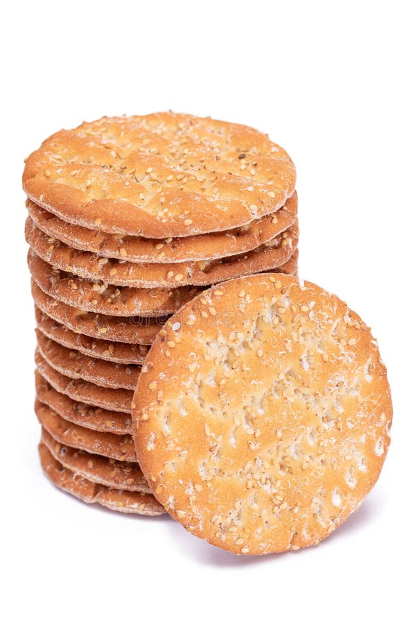 A Stack of Round Salt Crackers with Sesame Isolated on White Background ...