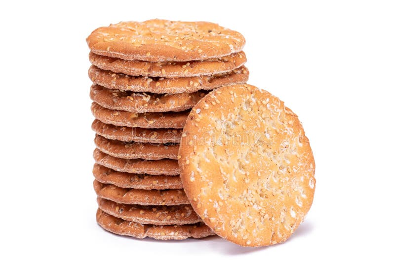 A Stack of Round Salt Crackers with Sesame Isolated on White Background ...