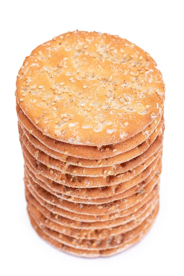 A Stack of Round Salt Crackers with Sesame Isolated on White Background ...