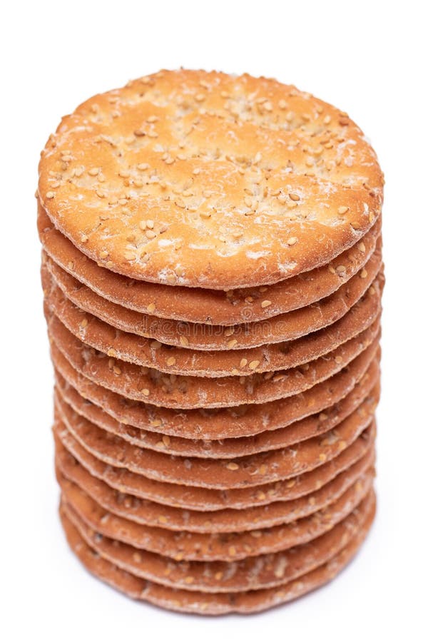 A Stack of Round Salt Crackers with Sesame Isolated on White Background ...