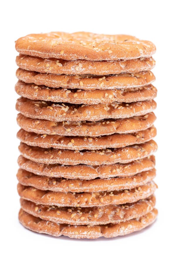 A Stack of Round Salt Crackers with Sesame Isolated on White Background ...