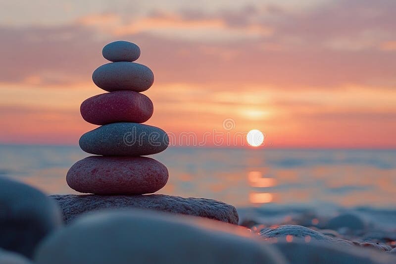 Stack of Round Smooth Stones on a Seashore, Sunset. Mental Health and ...