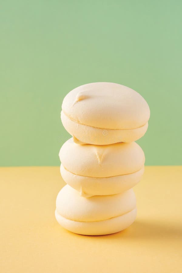 Stack of Round Yellow Marshmallows on Bicolor Pastel Background Stock ...