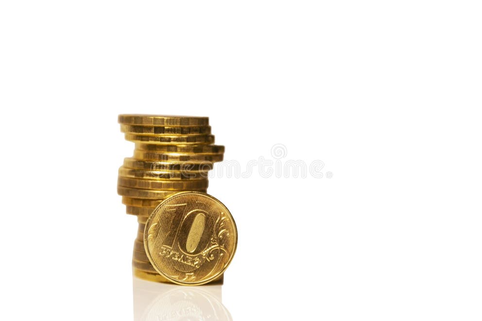 A Stack of Russian Coins of 10 Rubles. Isolated on White Background ...