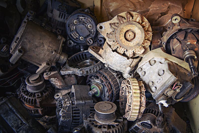 Stack of Rusted Metallic Car Parts in Garage Stock Photo - Image of ...