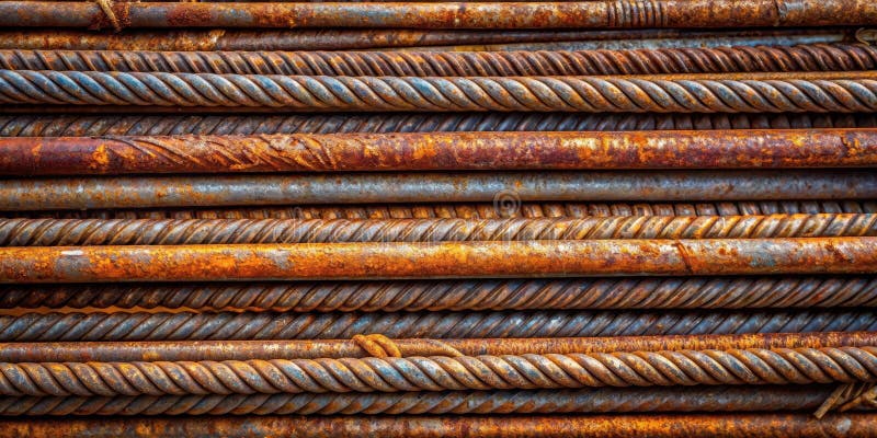 A Stack of Rusted and Textured Metal Rebar Rods with Varied Patterns ...