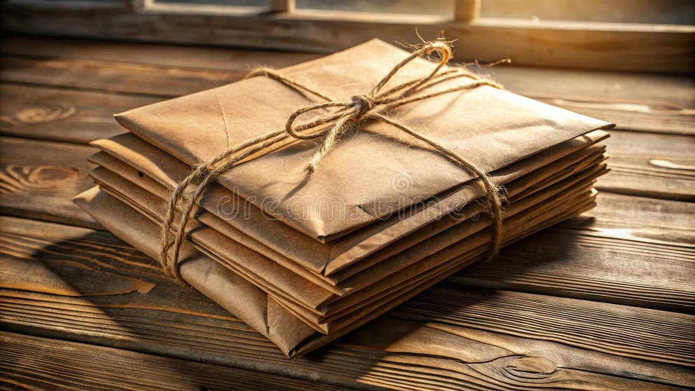 A Stack of Rustic Brown Envelopes Tied with Twine on Wooden Surface ...