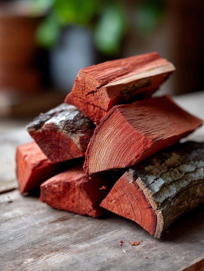 Stack of Rustic Firewood Logs on a Wooden Surface. Stock Image - Image ...