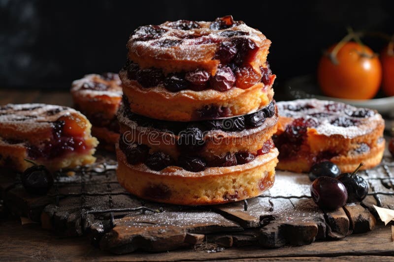 Stack of Rustic Fruit Cakes, Each Layer Bursting with Juicy Cherry ...