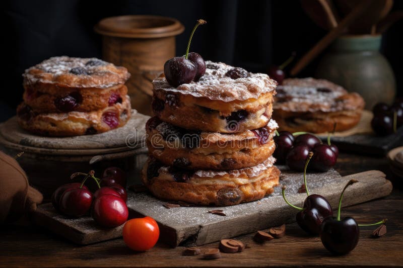 Stack of Rustic Fruit Cakes, Each Layer Bursting with Juicy Cherry ...