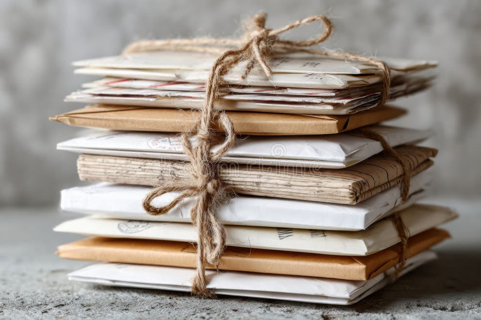 Stack of Rustic Mail Parcels Tied with String Resting on a Textured ...