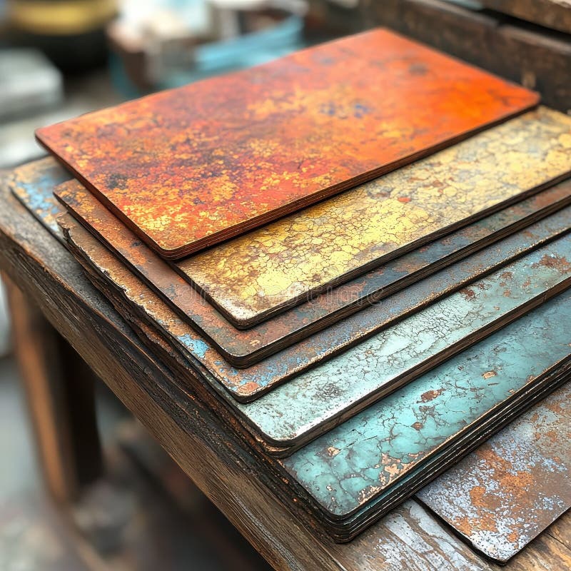 Stack of Rustic Metallic Plates with Vibrant Patinas Stock Photo ...