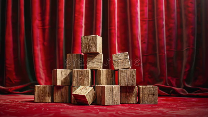 Stack of Rustic Wooden Cubes on Red Velvet Fabric in Studio Setup ...