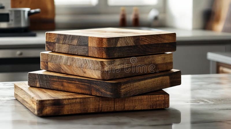 A Stack of Rustic Wooden Cutting Boards on a Modern Kitchen Countertop ...
