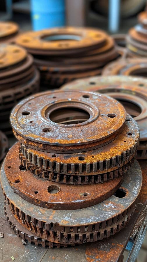 Collection of Rusty Clutch Discs Stacked on a Table, Showcasing ...