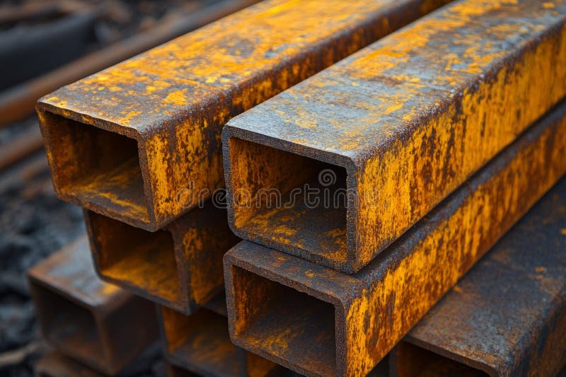 Stack of Rusty Square Metal Pipes Showing Oxidation in an Industrial ...