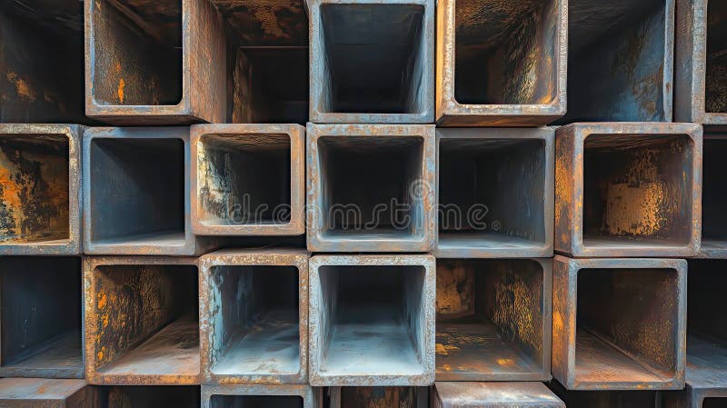 Stack of Rusty Square Metal Tubes Forming a Pattern in a Warehouse ...
