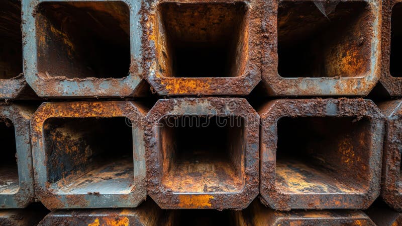Stack of Rusty Square Metal Tubes Forming a Pattern in a Warehouse ...