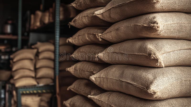 Stack Sacks of Coffee, Industrial Storage. Coffee Business Stock ...