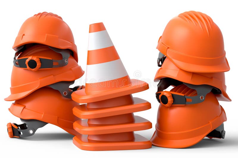 Stack of Safety Helmets or Hard Hats and Traffic Cones on White ...