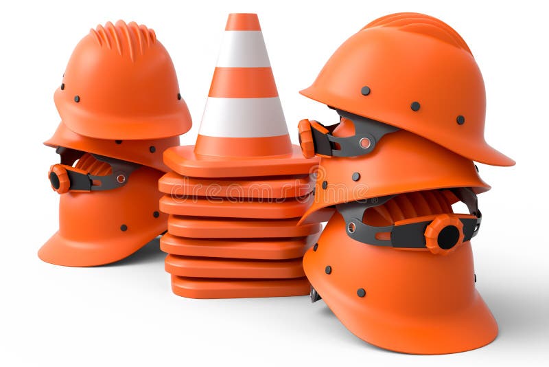 Stack of Safety Helmets or Hard Hats and Traffic Cones on White ...