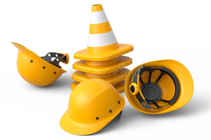 Stack of Safety Helmets or Hard Hats and Traffic Cones on White ...