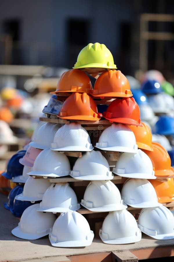 Stack of Safety Helmets, White Blue and Yellow Helmets in Construction ...