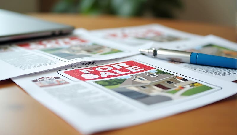 A Stack of for Sale Flyers Spread on a Wooden Desk, with a Pen Resting ...