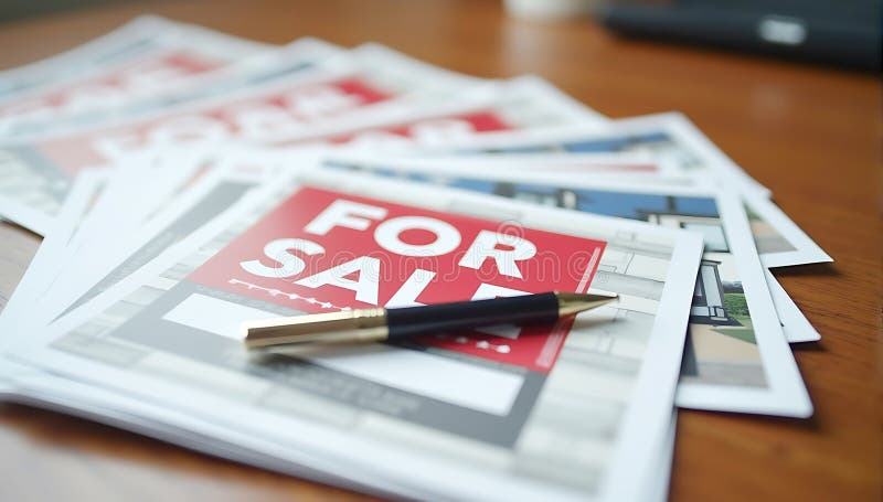 A Stack of for Sale Flyers Spread on a Wooden Desk, with a Pen Resting ...