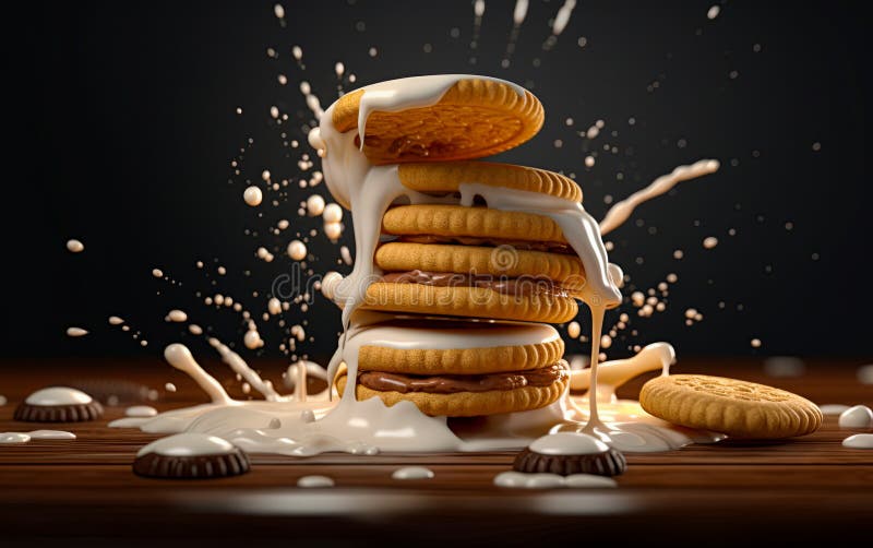 Stack of Sandwich Cookies with Milk Splash.Generative Ai Illustration ...
