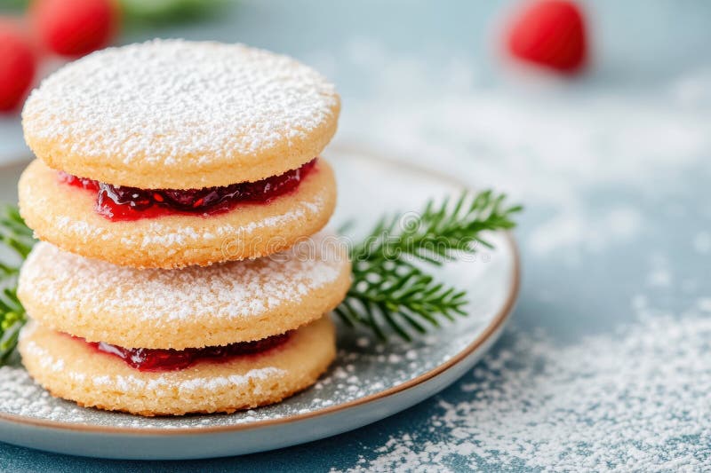 Stack of Sandwich Cookies with Raspberry Jam and Powdered Sugar ...