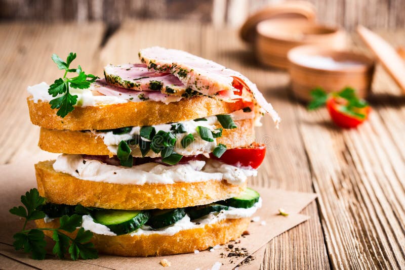 Stack of Sandwiches with Cream Cheese, Ham,cucumber, Tomato and Stock ...